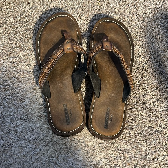 Clarks | Shoes | Clarks Collection Brown Leather Woven Flip Flops ...